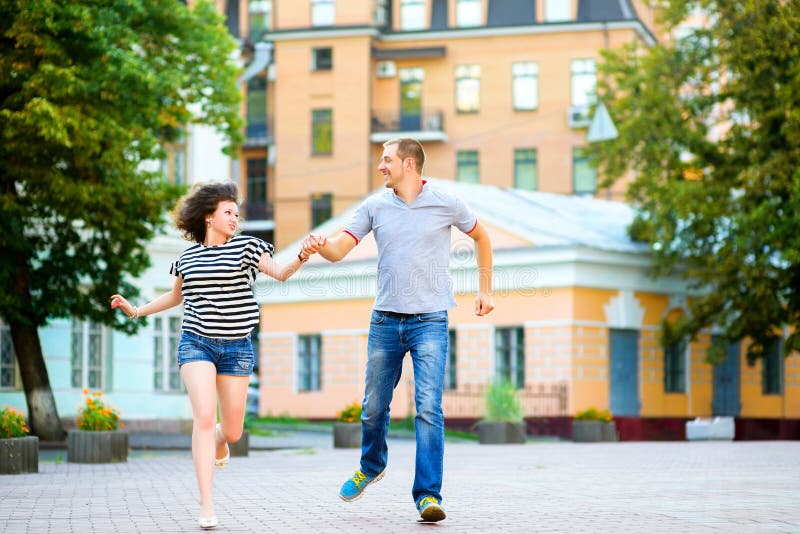Happy Couple in Love Running and Having Fun at Stock Image - Image of ...