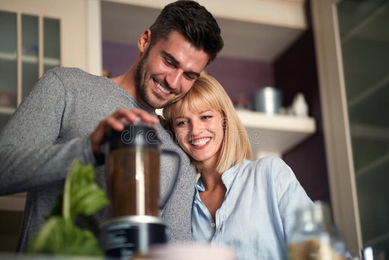 Happy Couple Making Healthy Breakfast Stock Photo - Image of grain ...