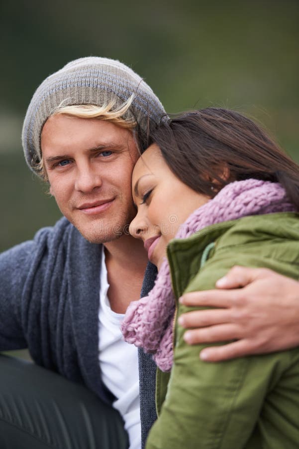 Happy Couple Portrait And Hug In Relax With Love For Bonding Holiday