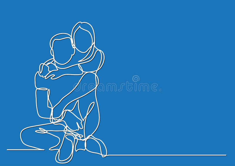 Happy Couple Sitting Embracing Continuous Line Drawing Stock Vector