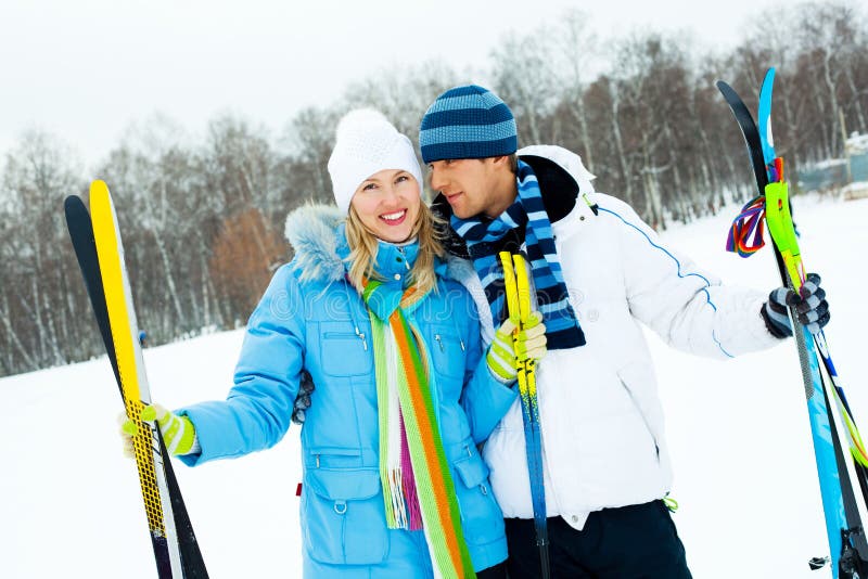 Happy couple skiing stock image. Image of communication - 16189465