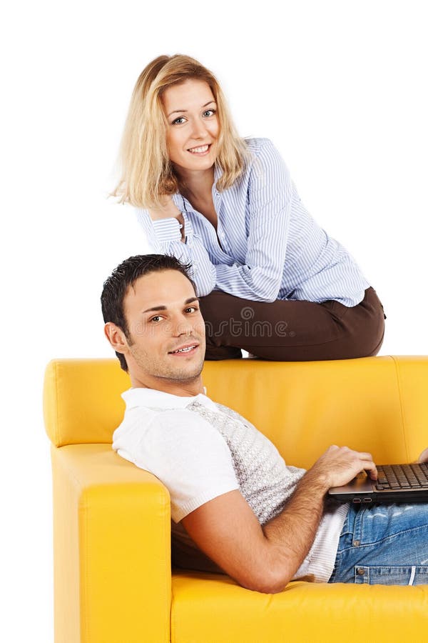 Happy Couple on Sofa with Laptop Computer Stock Image - Image of lying ...