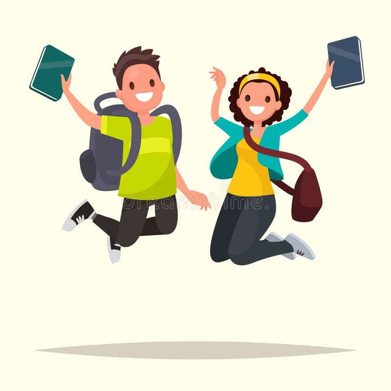 Happy Couple of Students Jumping for Joy. Vector Illustration in Stock ...