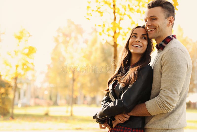 Happy Couple in Park. Autumn Walk Stock Photo - Image of happy ...