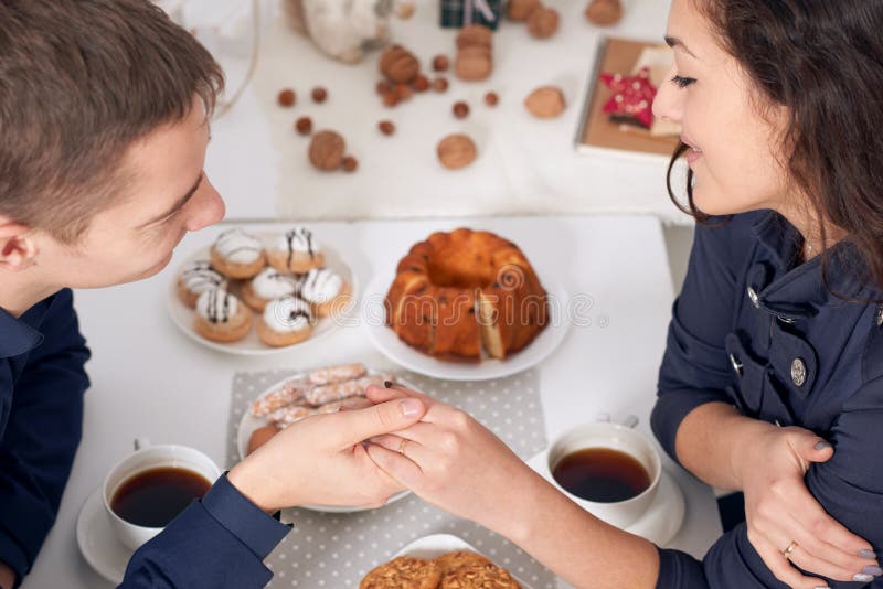 Happy Couple Talking and Drinking Tea Indoor Stock Image - Image of ...