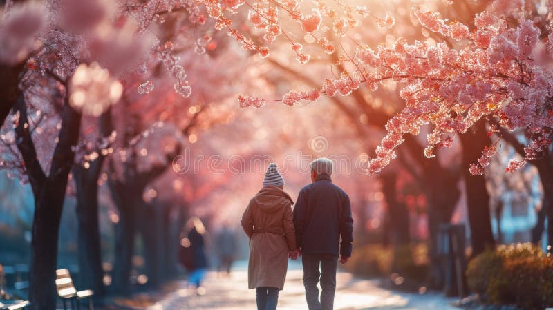 Happy Couple Walking in the Spring Part. Sakura Trees in Bloom Stock ...