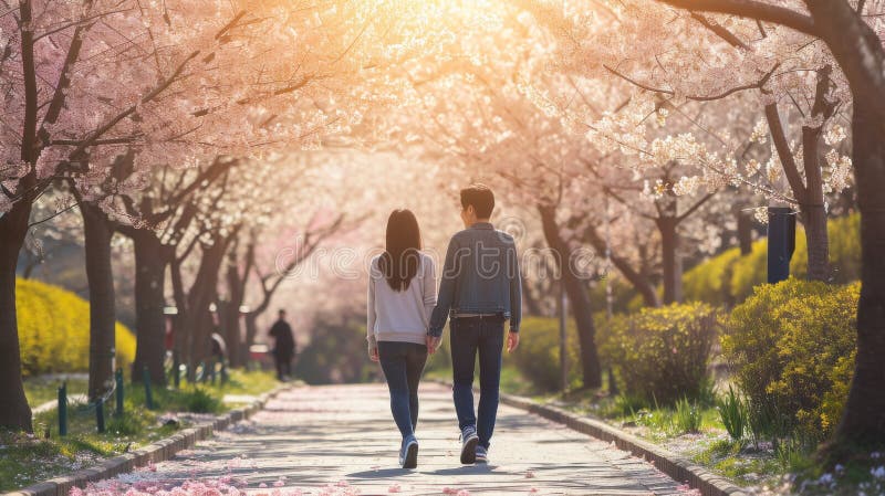 Happy Couple Walking in the Spring Part. Sakura Trees in Bloom Stock ...
