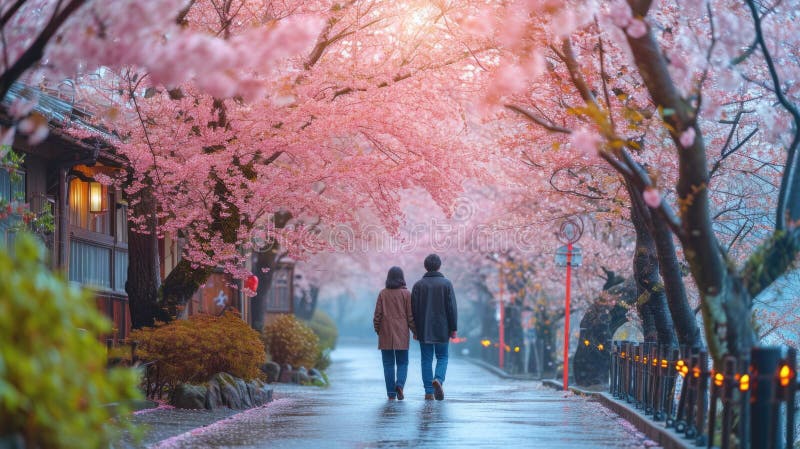 Happy Couple Walking in the Spring Part. Sakura Trees in Bloom Stock ...