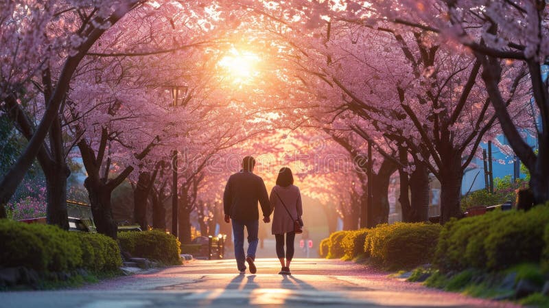 Happy Couple Walking in the Spring Part. Sakura Trees in Bloom Stock ...
