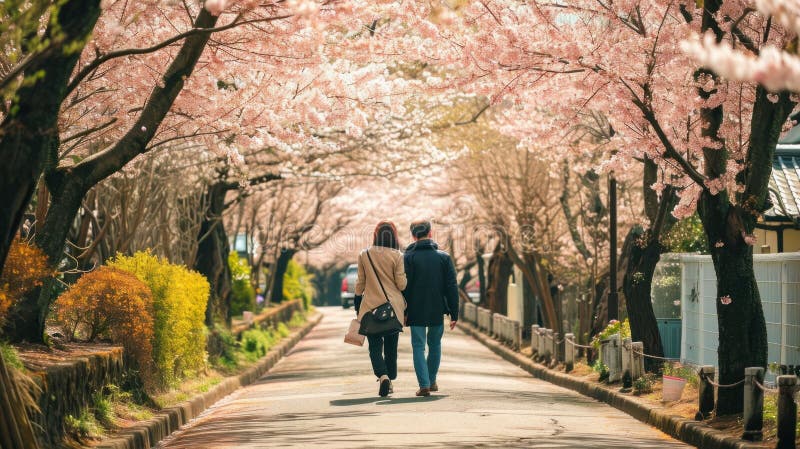 Happy Couple Walking in the Spring Part. Sakura Trees in Bloom Stock ...