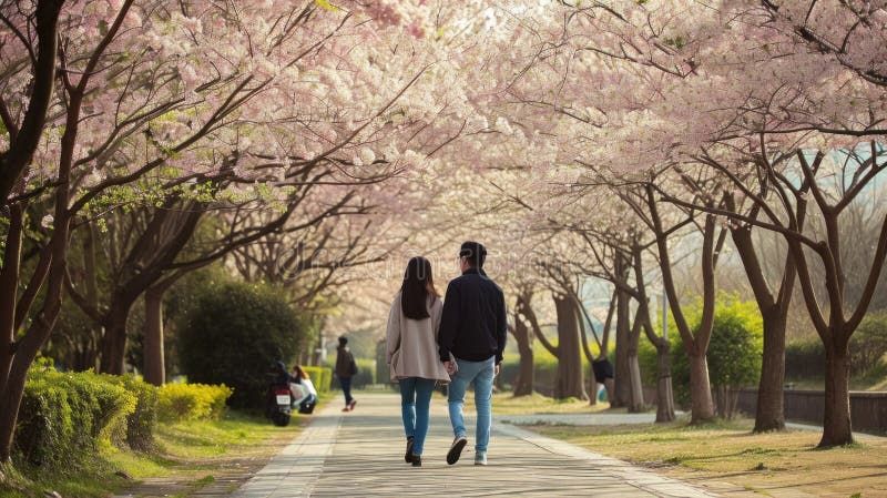 Happy Couple Walking in the Spring Part. Sakura Trees in Bloom Stock ...