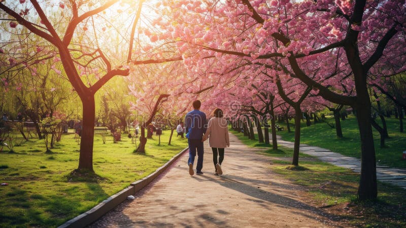 Happy Couple Walking in the Spring Part. Sakura Trees in Bloom Stock ...