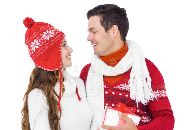 Happy Couple with Winter Clothes Holding Gift Box Stock Image - Image ...