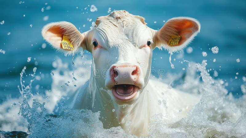 Happy Cow Emerging from Splashing Water with Joyful Expression. Stock ...