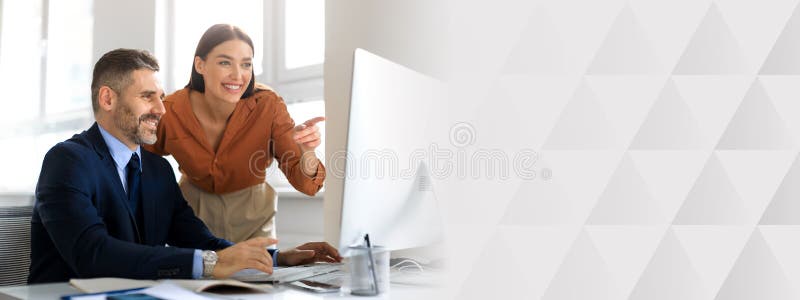 Happy Coworkers Management Team Lady and Man Looking at Computer Screen ...
