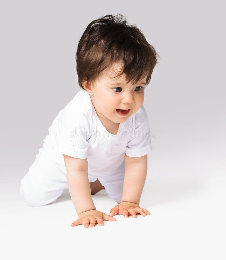 Happy Crawling Baby. Side View Stock Photo - Image of months, innocent ...