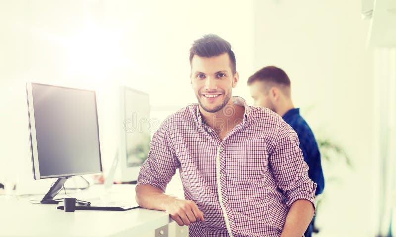 Happy Creative Man with Computer at Office Stock Photo - Image of ...