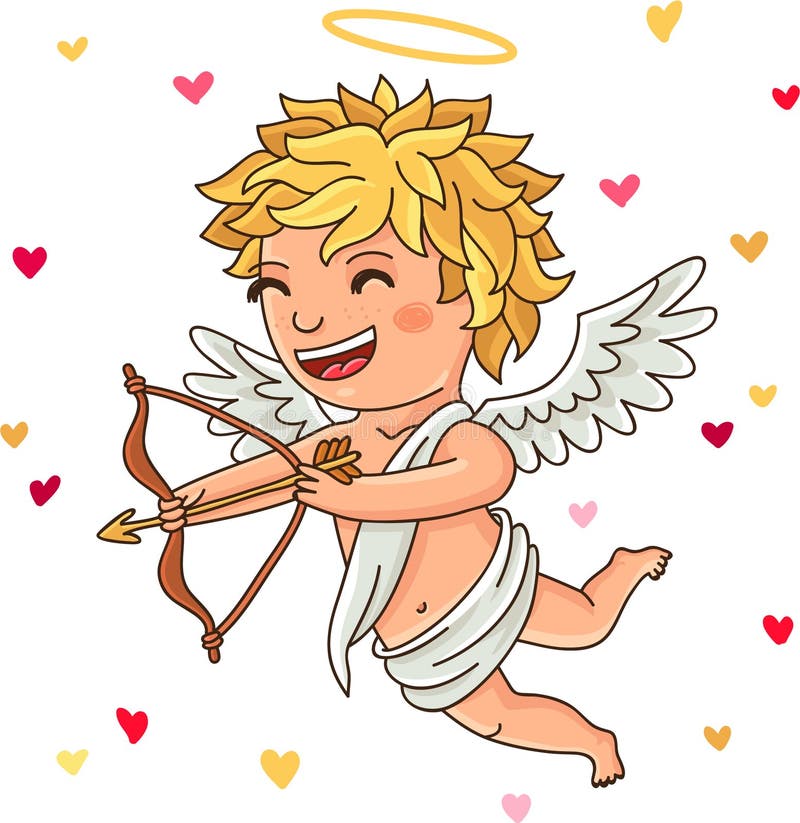 Happy Cupid Boy with Bow and Arrow Hearts Side View Stock Illustration ...