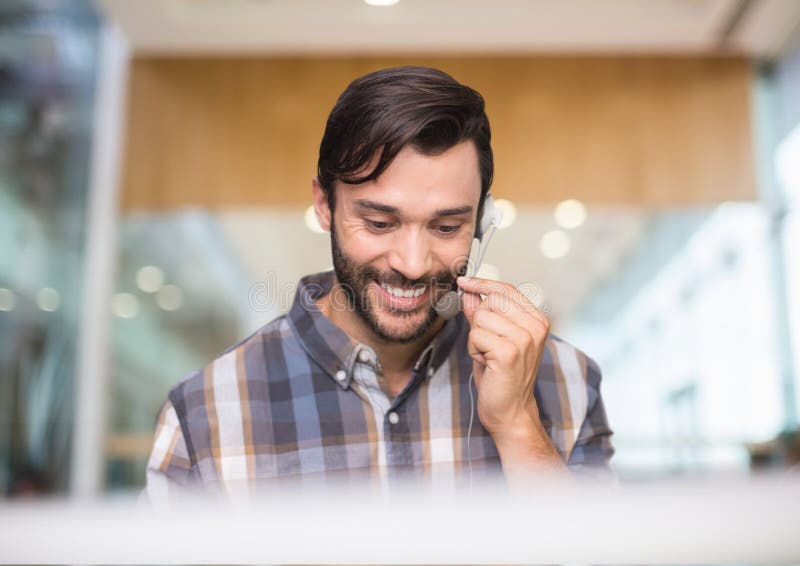 Happy Customer Care Representative Man Against Office Background Stock ...