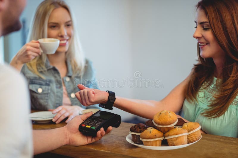Happy Customer with Smart Watch Paying at Cafe Stock Photo - Image of ...