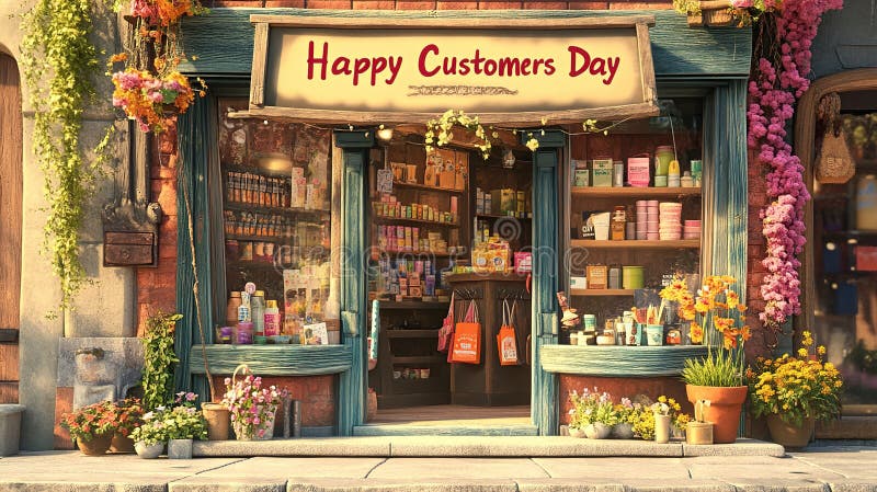 Happy Customers Day at a Charming Little Shop Stock Illustration ...
