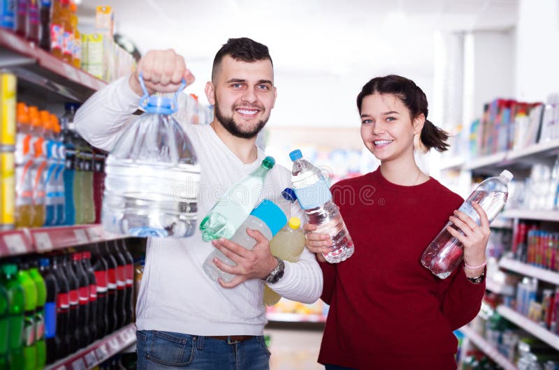 Happy Customers Standing at Beverages Section Stock Photo - Image of ...