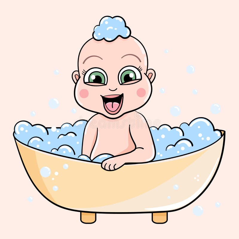 Happy Cute Baby Bathing with Foam and Bubbles. Vector Illustration ...