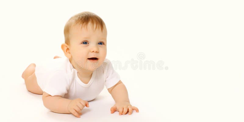 Happy Cute Baby Crawling on the Floor on White Studio Background Stock ...