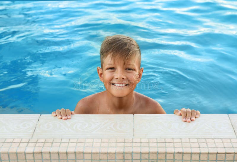 Happy Cute Boy in Swimming Pool Stock Photo - Image of adorable ...