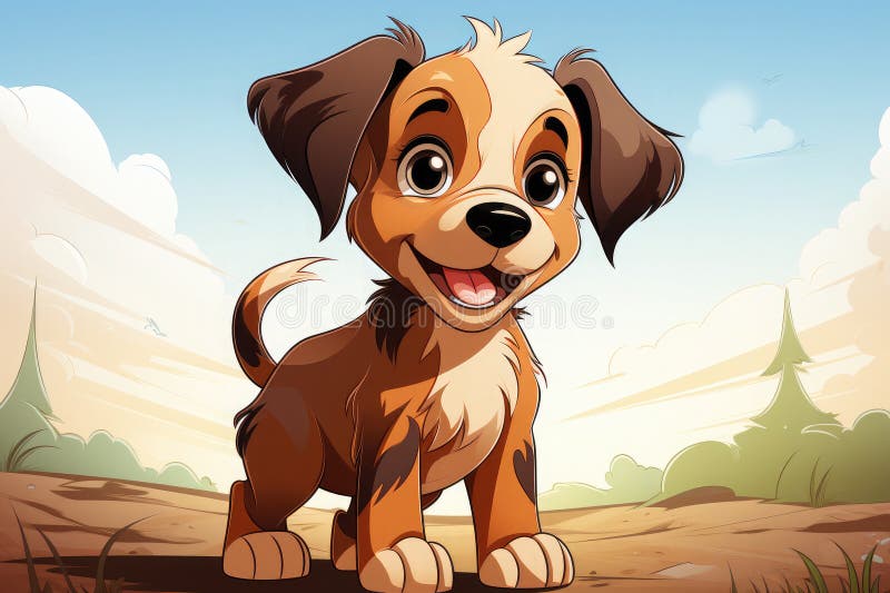 Happy Cute Brown Cartoon with Clouds and Nature Background Stock ...