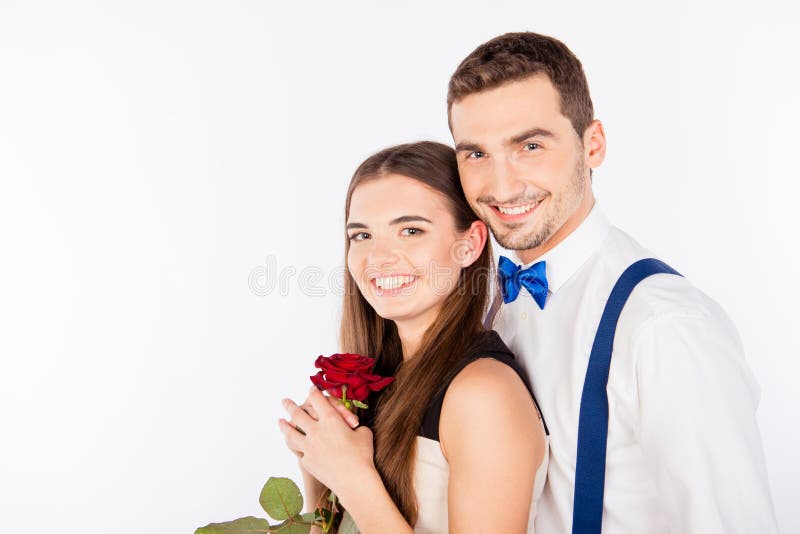 Happy Cute Couple in Love with a Rose Stock Image - Image of embracing ...