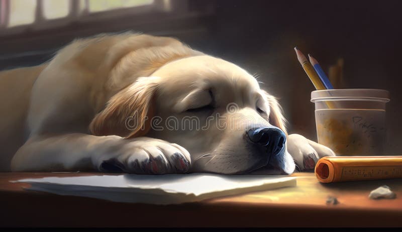 Happy Cute Dog with Reading Fell Asleep in a Comfortable Table with a ...