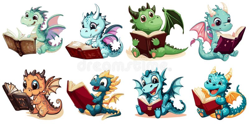 Happy Cute Dragon Reading Book Fun Vector Graphics Illustration Stock ...