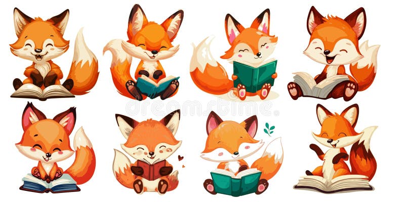 Happy Cute Fox Reading Book Fun Vector Graphics Illustration Stock ...