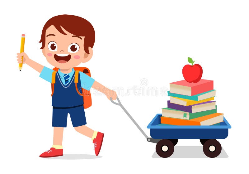 Happy Cute Kid Boy Bring Book To School Stock Vector - Illustration of ...