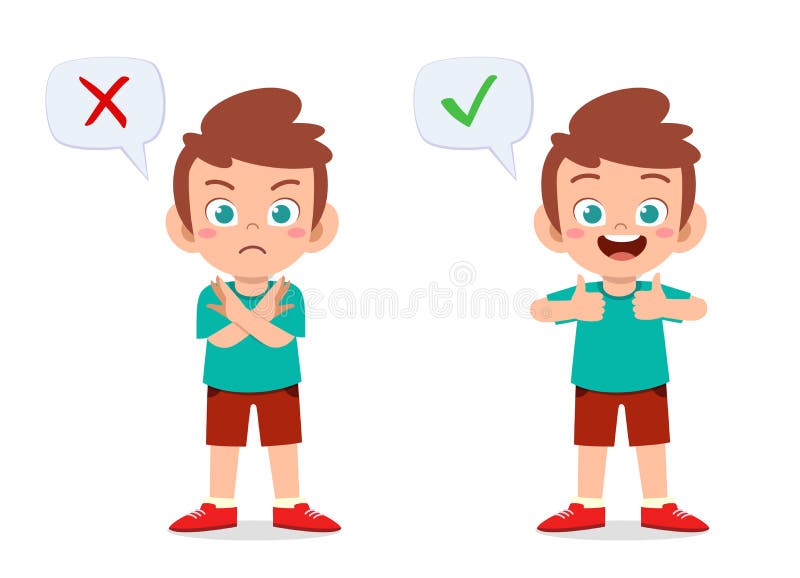 Happy Cute Kid Boy with Correct and Wrong Sign Stock Vector ...