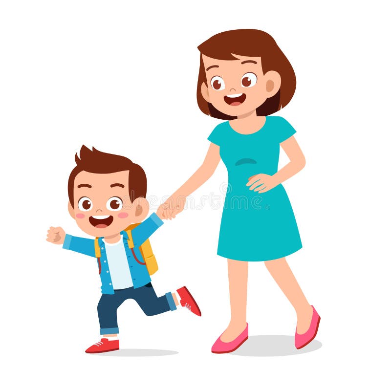 Happy Cute Kid Boy First Day School with Mother Stock Vector ...