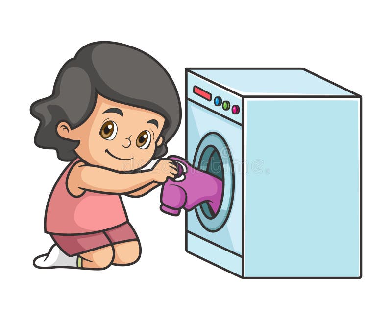 Happy Cute Kid Do Laundry with Washing Machine Stock Vector ...