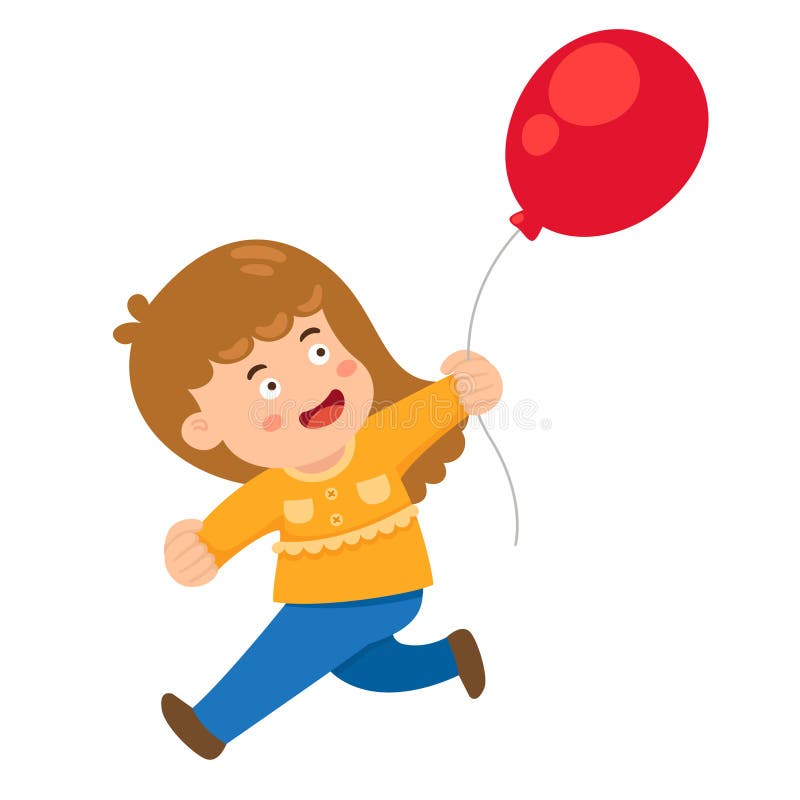 Happy Cute Kid Girl Run Holding Balloon Stock Vector - Illustration of ...