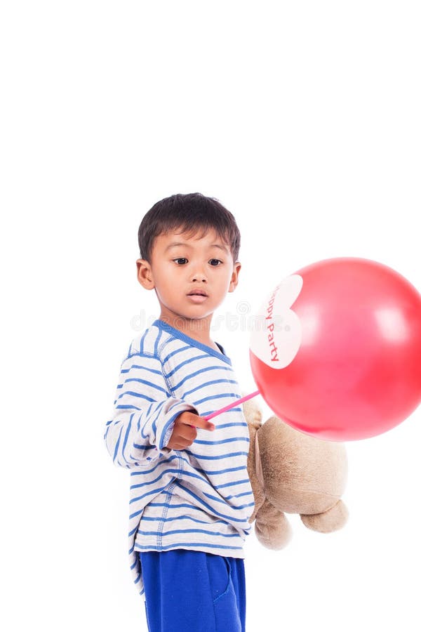 Happy Cute Little Boy Play Red Balloon Stock Photo - Image of heart ...