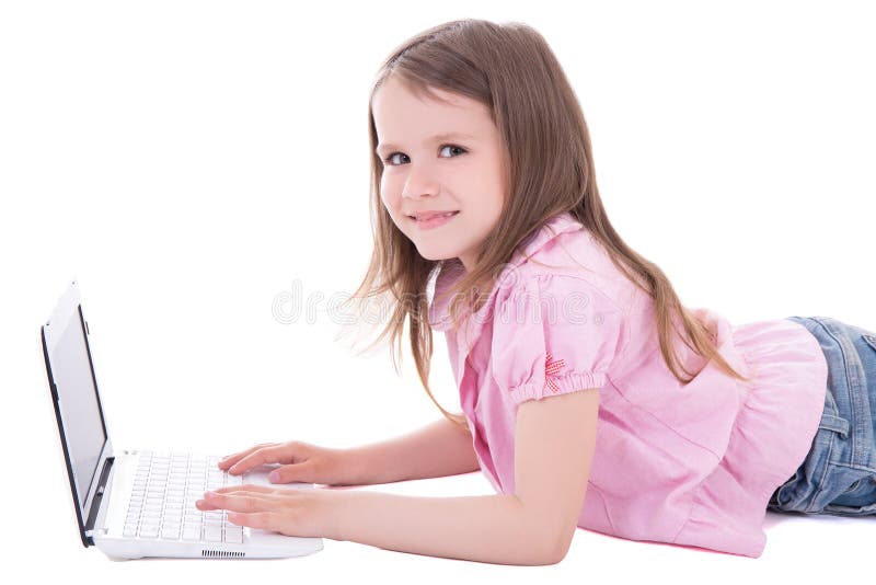 Happy Cute Little Girl with Computer Isolated on White Stock Photo ...