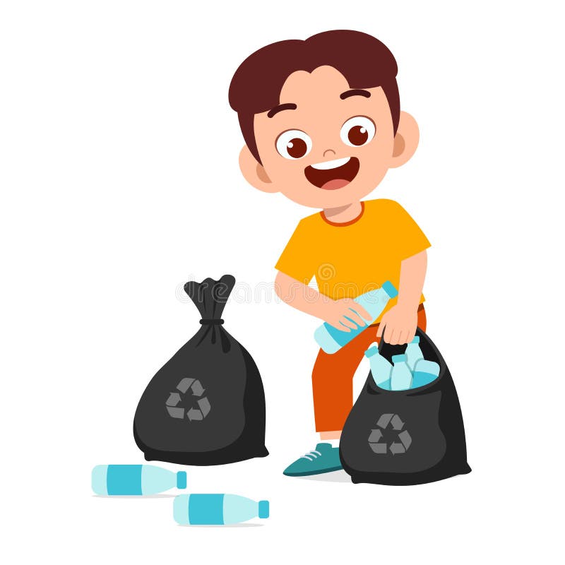 Happy Cute Little Kid Boy Collect Trash Stock Vector - Illustration of ...