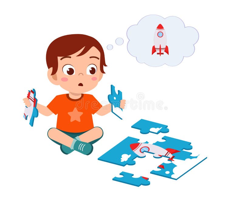 Happy Cute Little Kid Boy Play Jigsaw Puzzle Stock Vector ...
