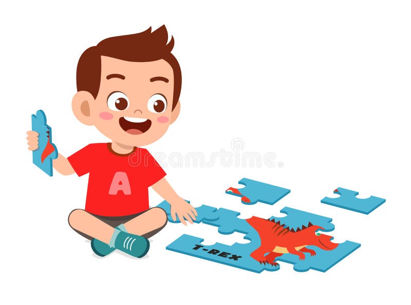 Happy Cute Little Kid Boy Play Jigsaw Puzzle Stock Vector ...