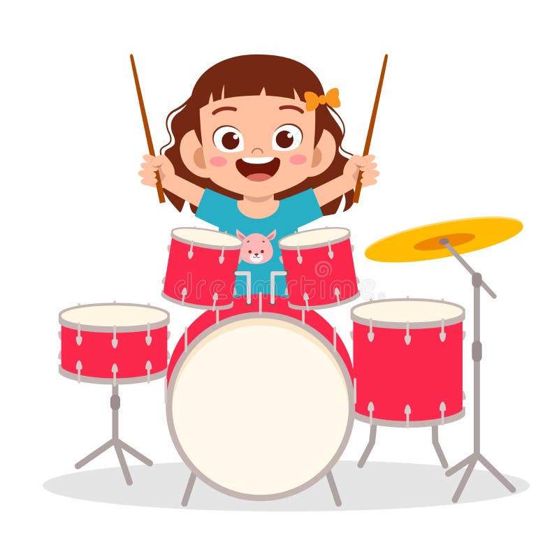 Happy Cute Little Kid Boy Playing Drum Stock Vector - Illustration of ...