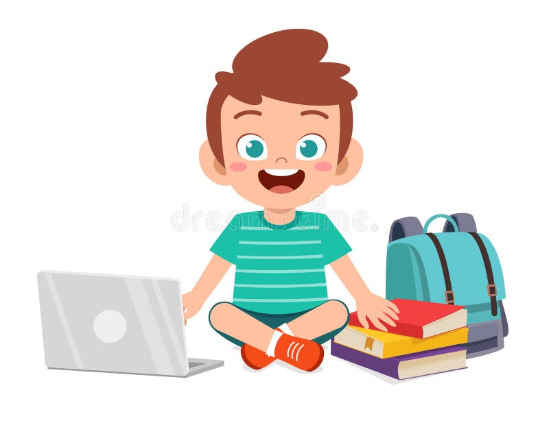 FMhappy Cute Little Kid Boy Study Using Laptop Stock Vector ...