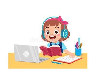 Happy Cute Little Kid Do Home School with Computer Laptop Connect To ...