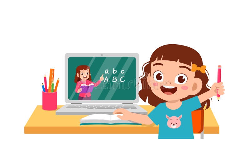 Happy Cute Little Kid Do Home School with Computer Laptop Connect To ...