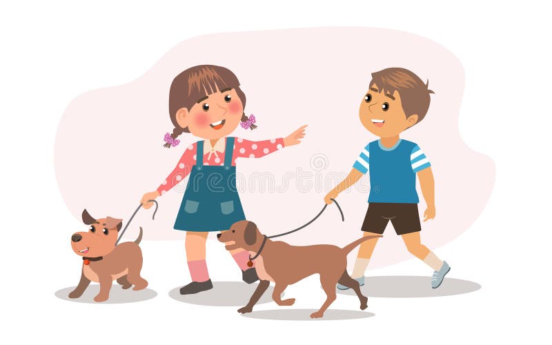 Happy Cute Little Kid Walking with Dog Stock Vector - Illustration of ...