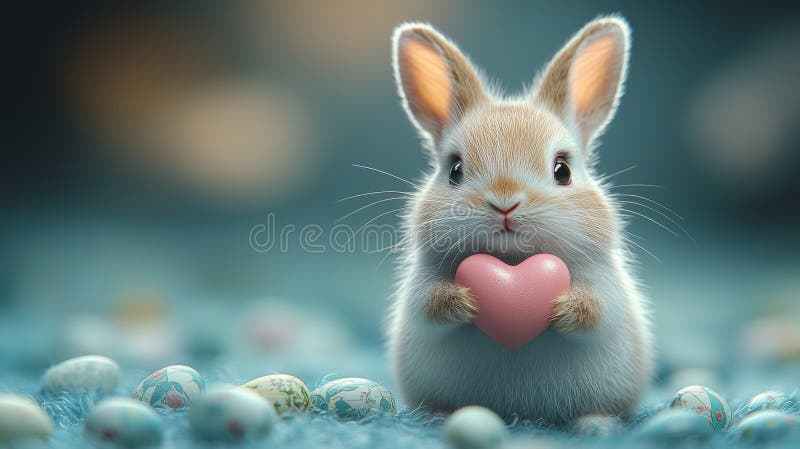 Happy Cute Little Rabbit with Pink Heart Stock Image - Image of young ...